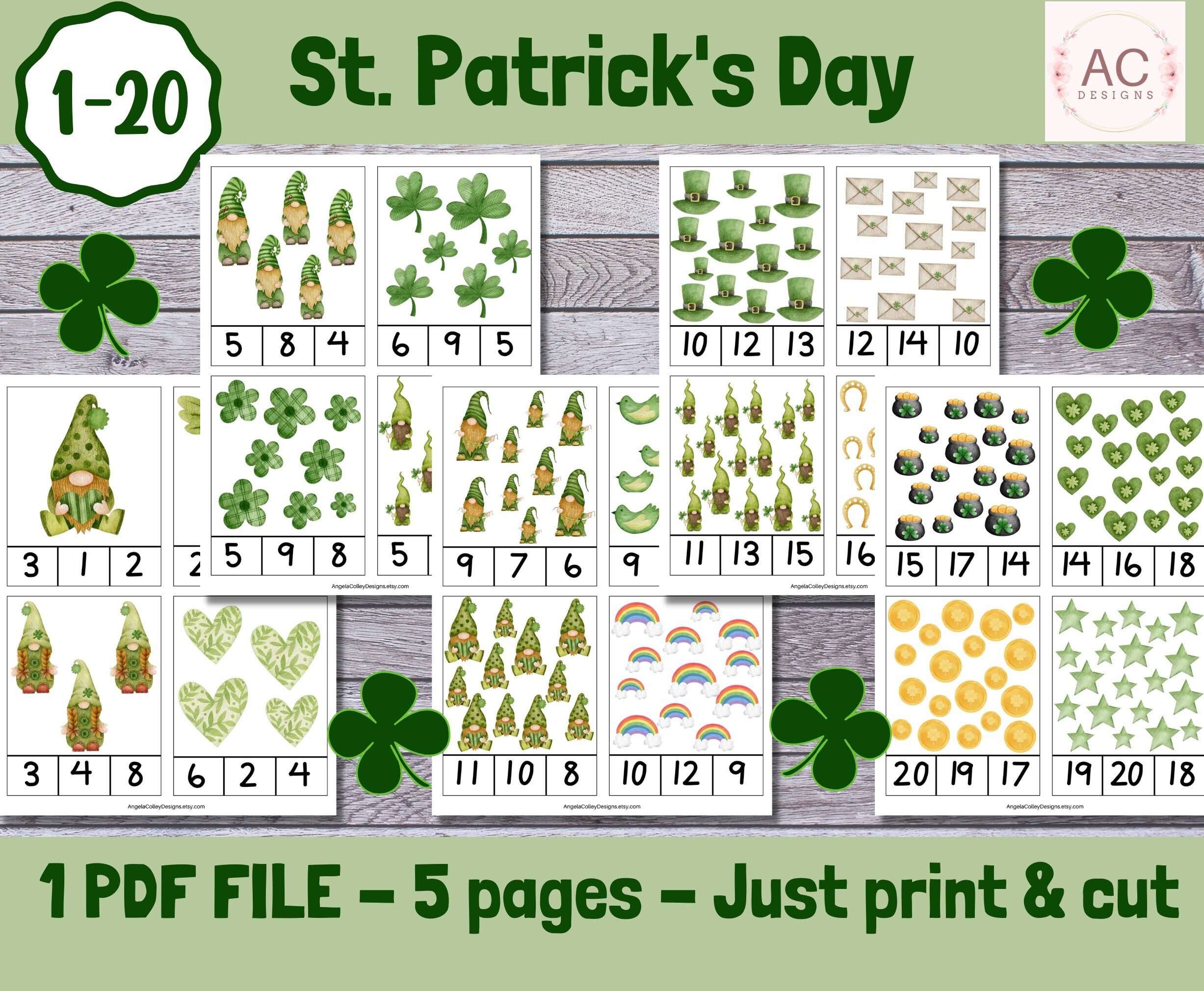 St. Patrick's Day Count and Clip Flashcards, Numbers 1-20, St. Patricks ...