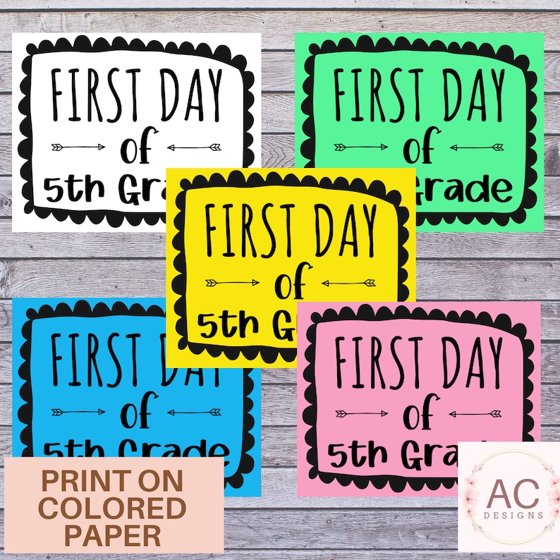 First Day of 5th Grade Sign, First Day of School Grade 5, Printable ...