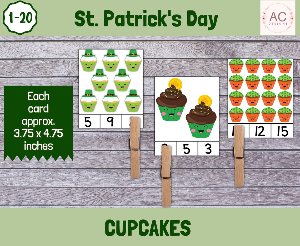 St. Patrick's Day Cupcakes Count and Clip Flashcards, Numbers 1-20, St ...