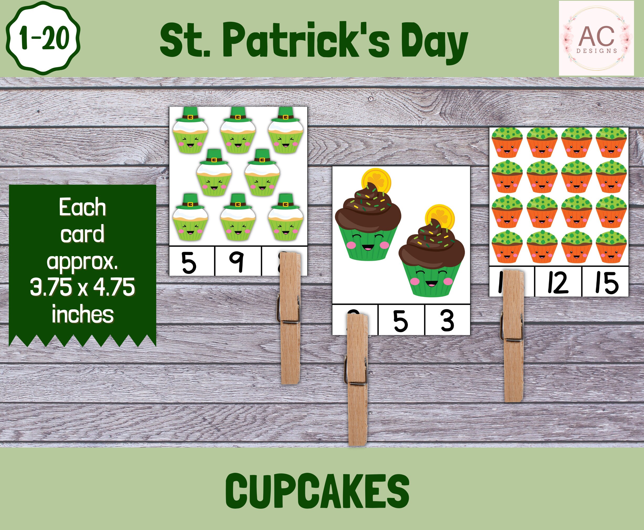 St. Patrick's Day Cupcakes Count and Clip Flashcards, Numbers 1-20, St ...