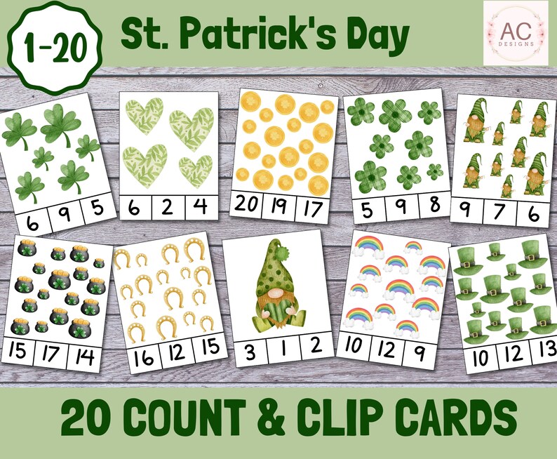 St. Patrick's Day Count and Clip Flashcards Numbers 1-20 - Etsy