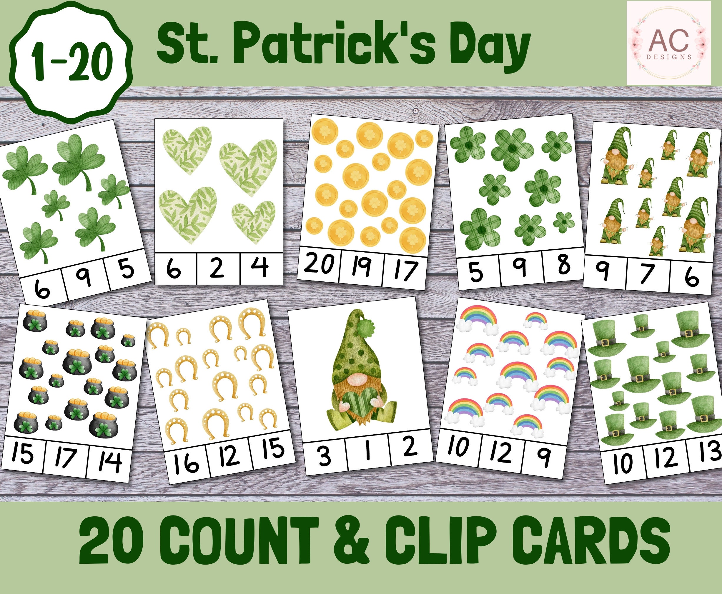 St. Patrick's Day Count and Clip Flashcards, Numbers 1-20, St. Patricks ...