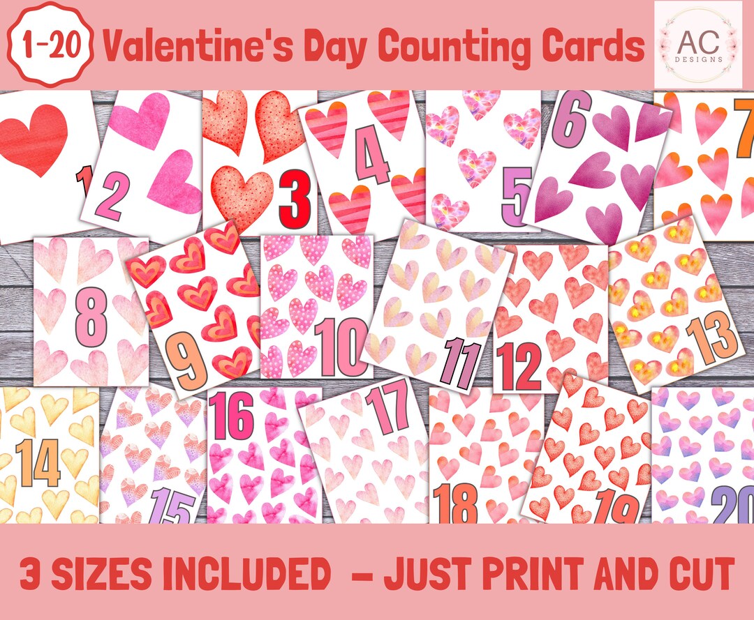 Valentine's Day Counting Flashcards, Numbers 1-20 (digital Download) - Etsy