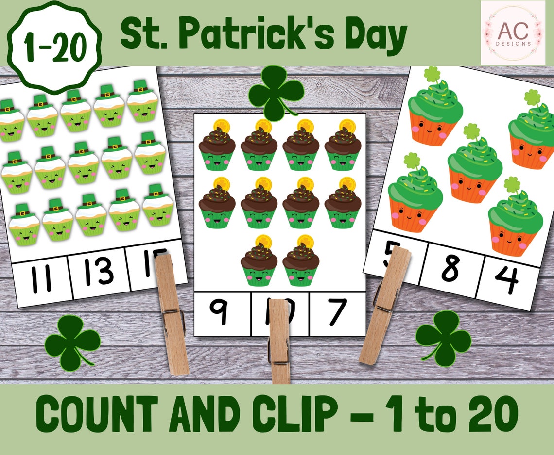 St. Patrick's Day Cupcakes Count and Clip Flashcards, Numbers 1-20, St ...