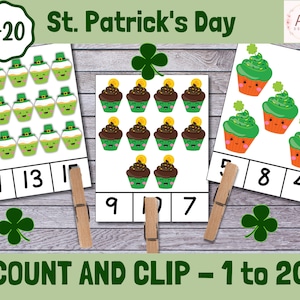 St. Patrick's Day Cupcakes Count and Clip Flashcards, Numbers 1-20, St ...