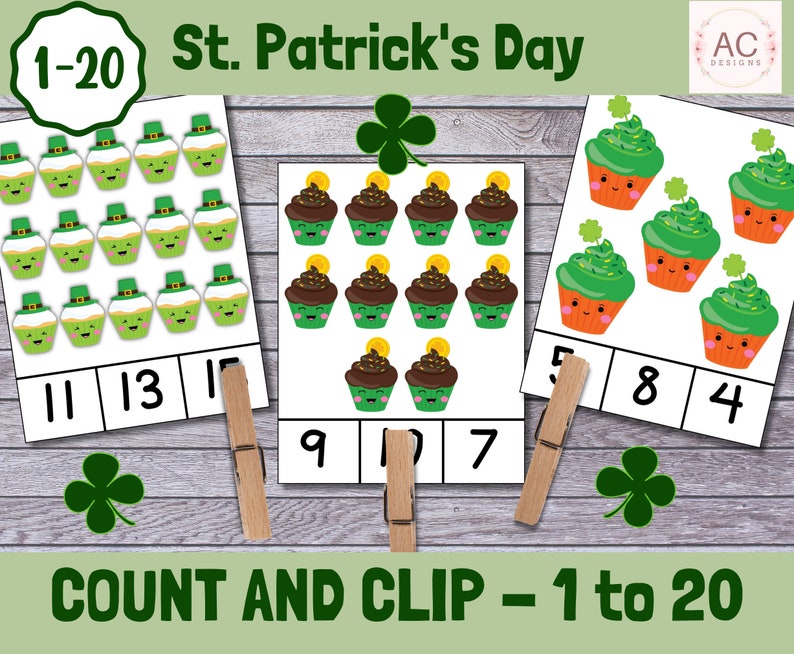 St. Patrick's Day Cupcakes Count and Clip Flashcards, Numbers 1-20, St ...