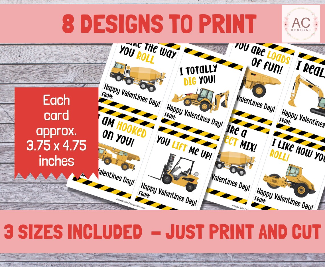 Printable Construction Vehicles Valentines Day Cards for Kids - Etsy