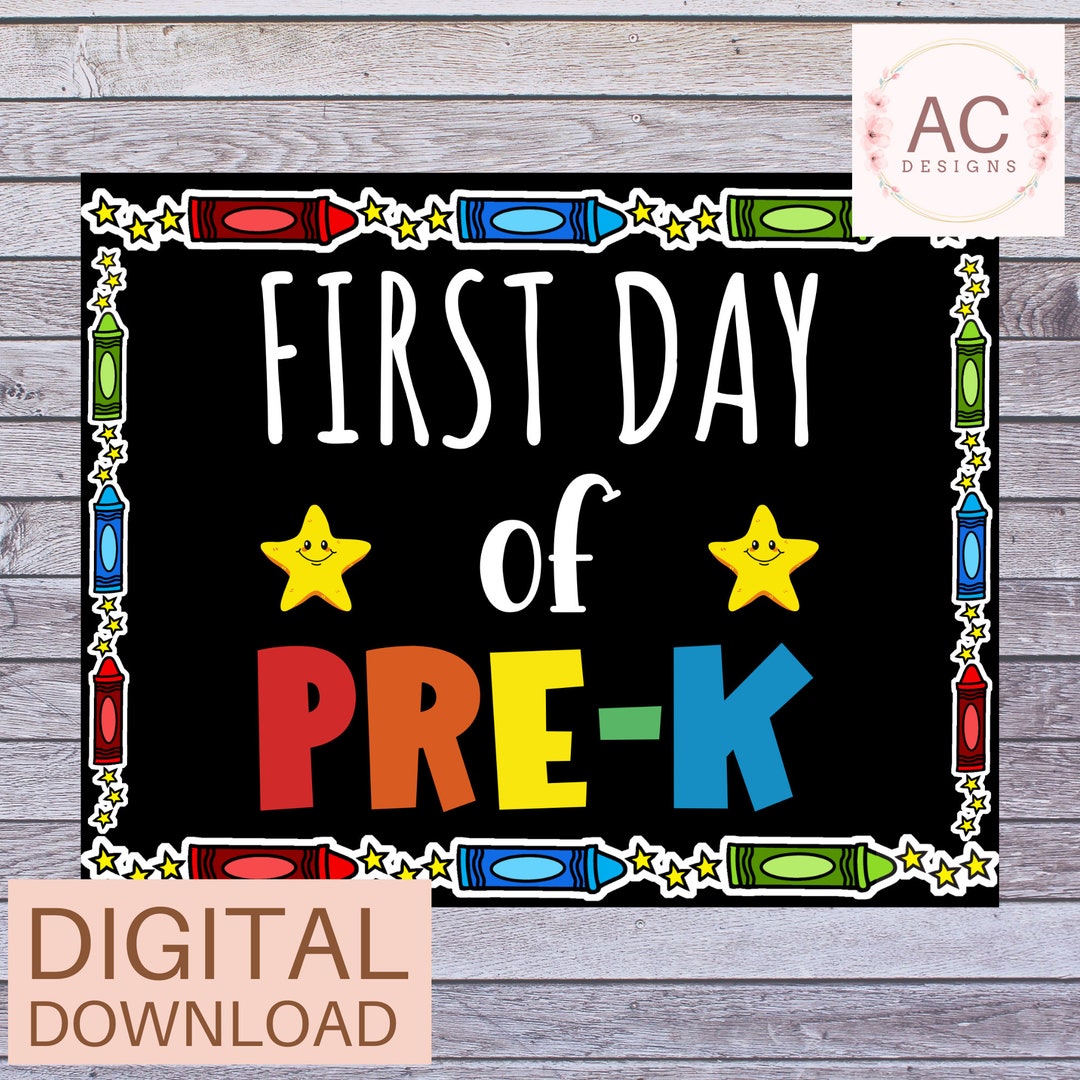 First Day of Preschool Sign With Crayon Border, First Day of School Pre ...