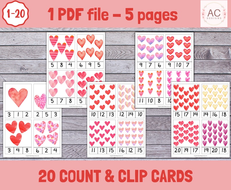 Valentine's Day Count and Clip Flashcards, Numbers 1-20, Valentine ...