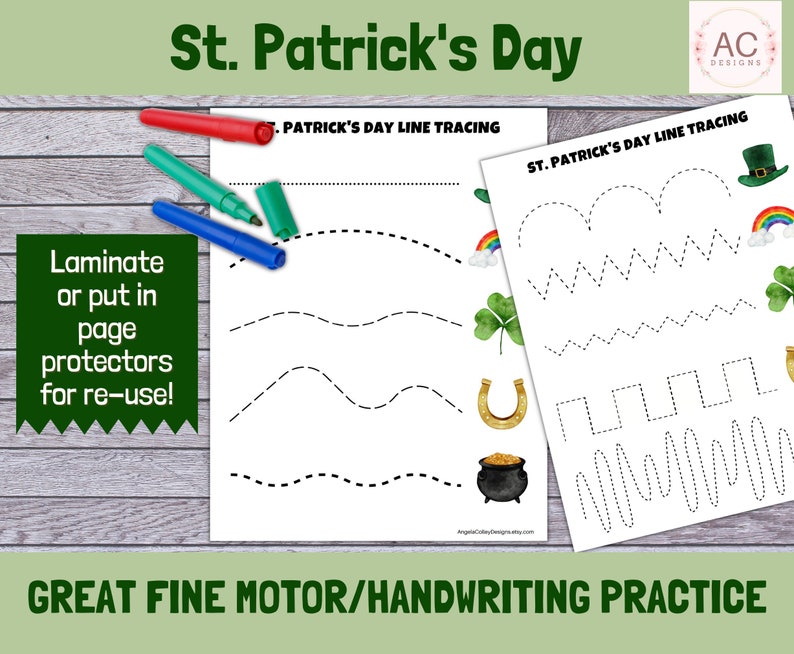 St. Patrick's Day Tracing Practice Worksheets, St. Patrick's Day ...