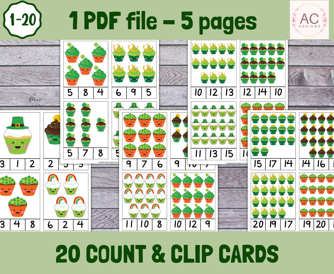 St. Patrick's Day Cupcakes Count and Clip Flashcards, Numbers 1-20, St ...