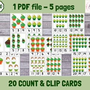 St. Patrick's Day Cupcakes Count and Clip Flashcards, Numbers 1-20, St ...