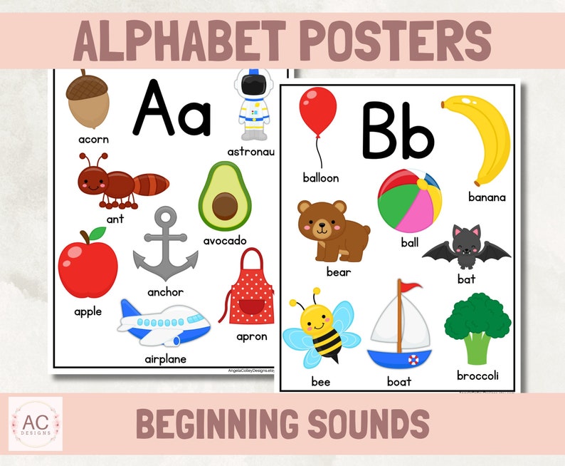 Printable Alphabet Posters, Beginning Sounds Word Chart, Letter Size ...
