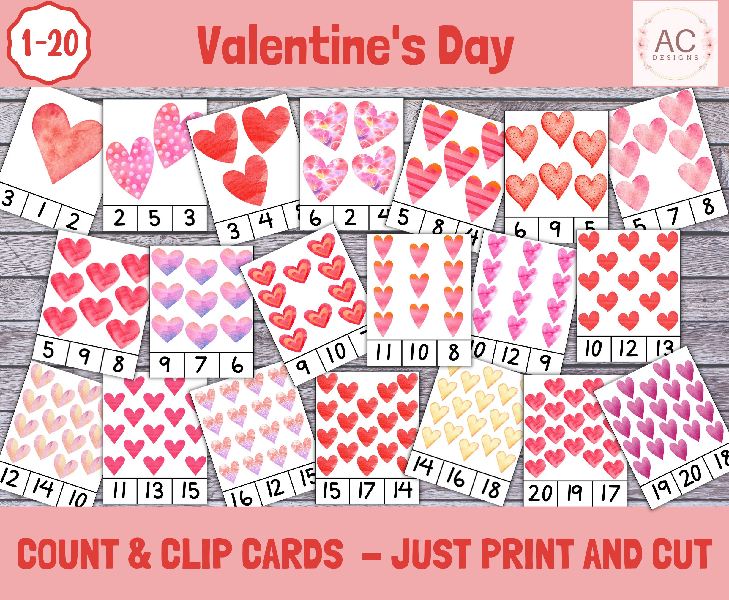 Valentine's Day Count and Clip Flashcards, Numbers 1-20, Valentine ...