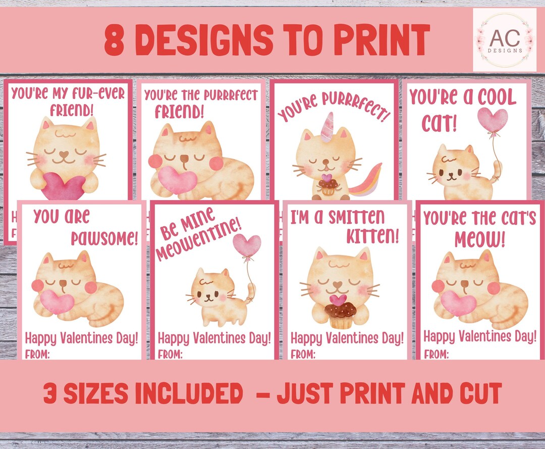 Printable Cat Valentines Cards, School Valentine's Day (digital ...