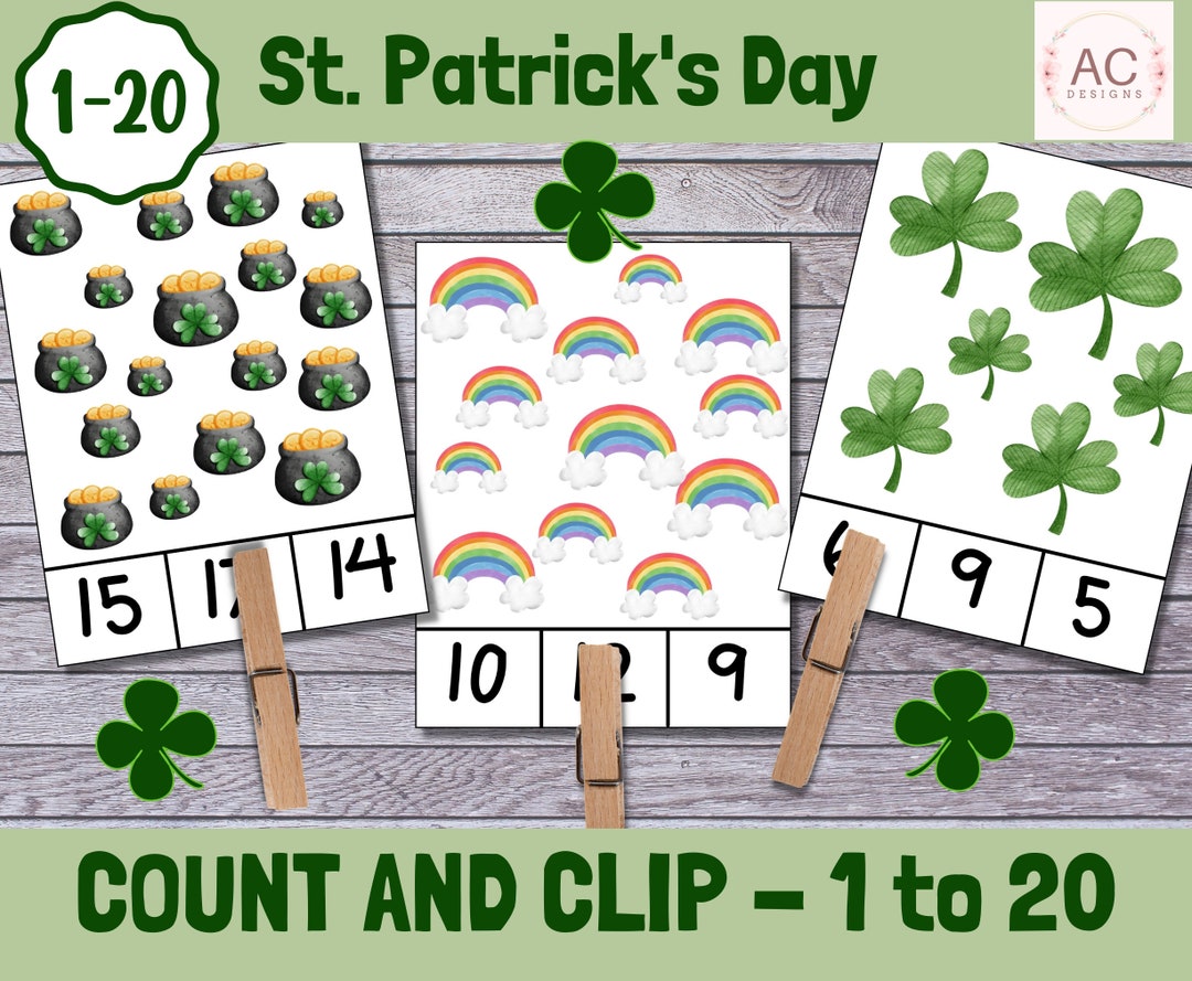 St. Patrick's Day Count and Clip Flashcards, Numbers 1-20, St. Patricks ...