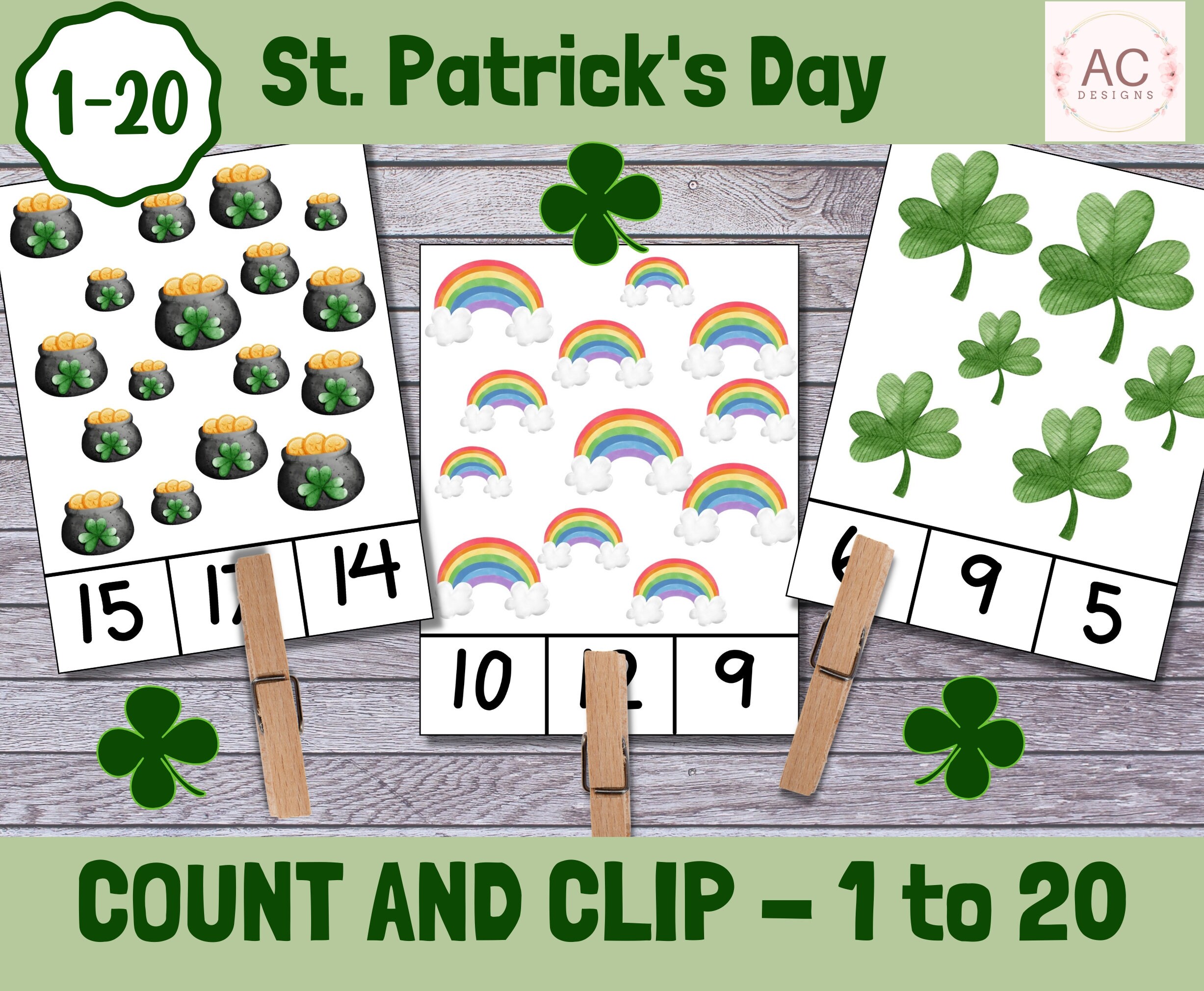 St. Patrick's Day Count and Clip Flashcards, Numbers 1-20, St. Patricks ...