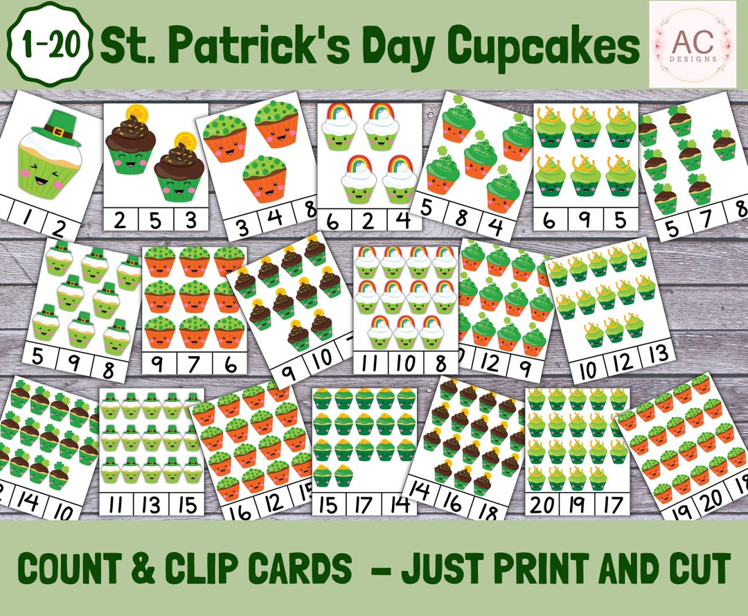 St. Patrick's Day Cupcakes Count and Clip Flashcards, Numbers 1-20, St ...