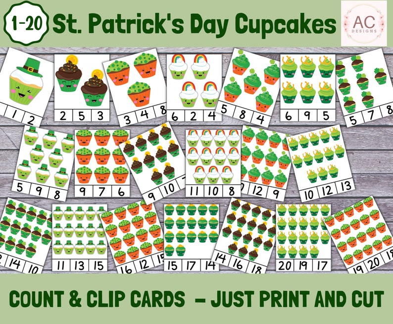 St. Patrick's Day Cupcakes Count and Clip Flashcards, Numbers 1-20, St ...