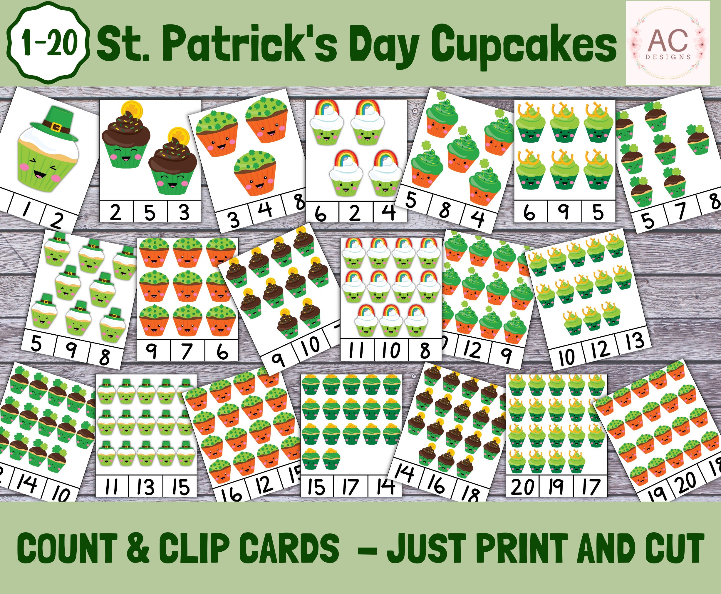 St. Patrick's Day Cupcakes Count and Clip Flashcards, Numbers 1-20, St ...