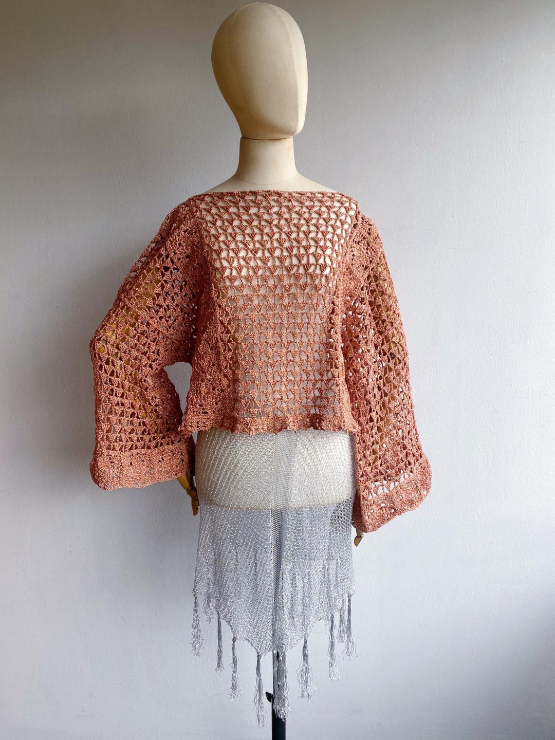 Handmade Metallic Crochet Top in Rose Gold With Wide Trumpet Sleeves ...