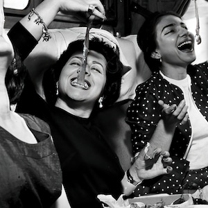 Women Eating Spaghetti Poster, Black and White, Vintage Print, Dining ...