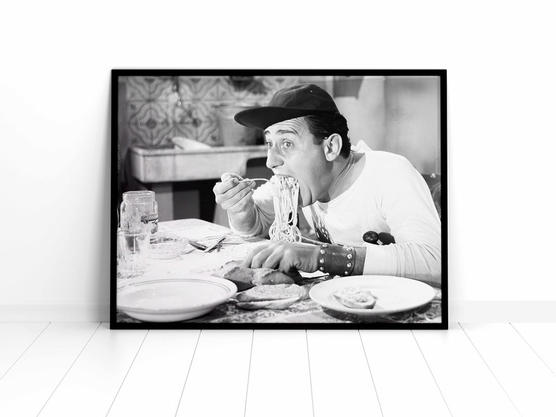 Italian Man Eating Spaghetti Poster, Black and White, Vintage Wall Art ...