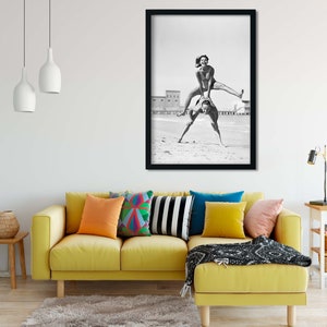 Vintage Beach Print, Woman Jumping Over Man, 1940s, Black and White ...