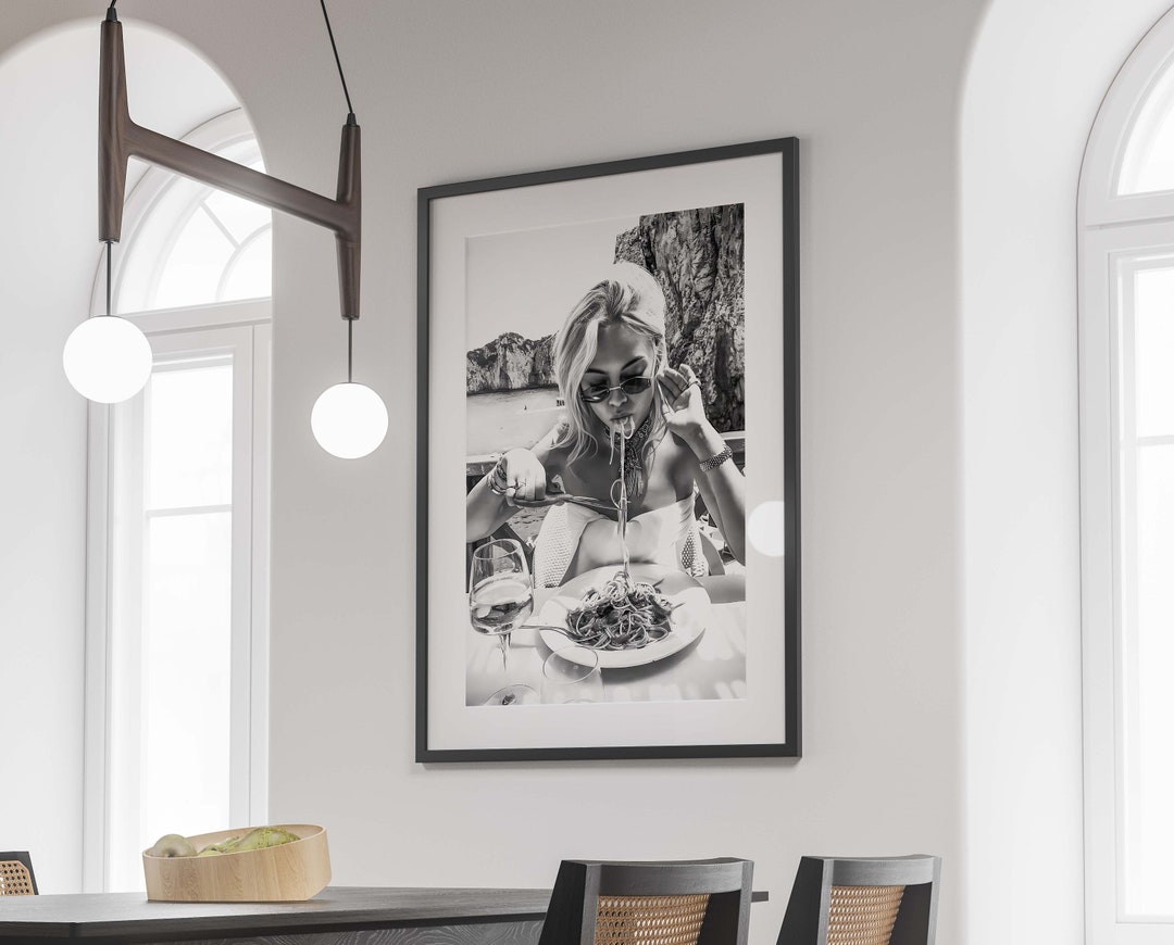 Italian Woman Eating Spaghetti Poster, 1950, Black and White, Pasta ...