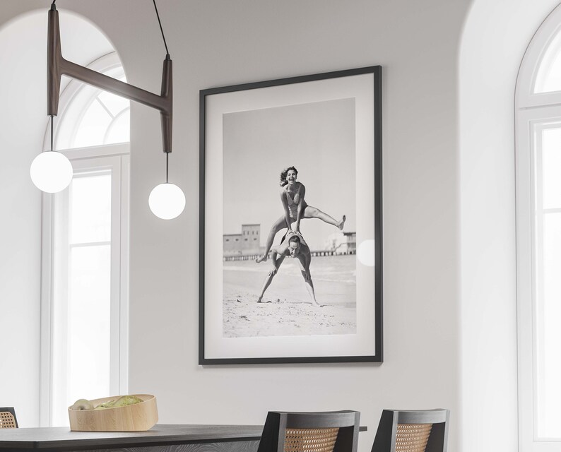 Vintage Beach Print Woman Jumping Over Man 1940s Black and - Etsy