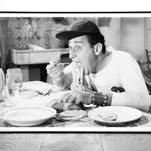 Italian Man Eating Spaghetti Poster, Black and White, Vintage Wall Art ...