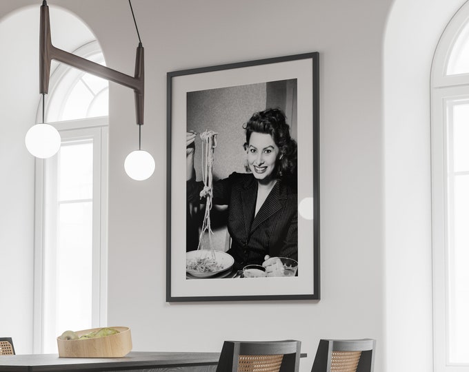 Italian Woman Eating Spaghetti Poster, Black and White Vintage Photo ...