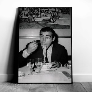 James Bond Eating Spaghetti Poster, Black and White Vintage Print ...