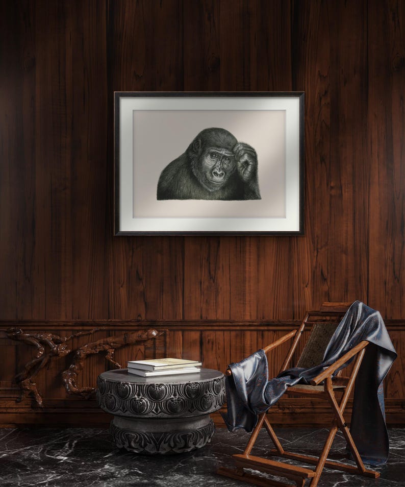 Original Gorilla Pencil Drawing, Realistic Graphite Wildlife Art, Hand ...