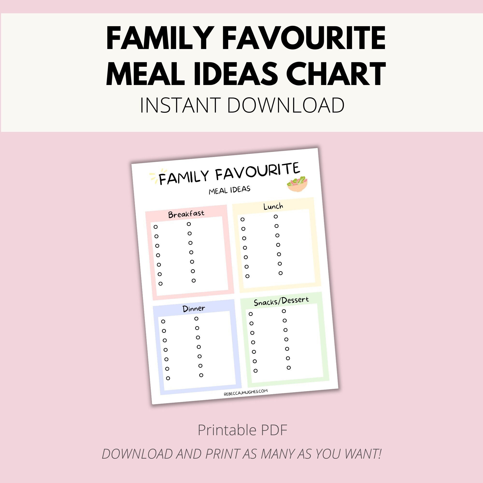 Family Favourite Meal Ideas Chart, Favourite Meals List Printable, Home ...