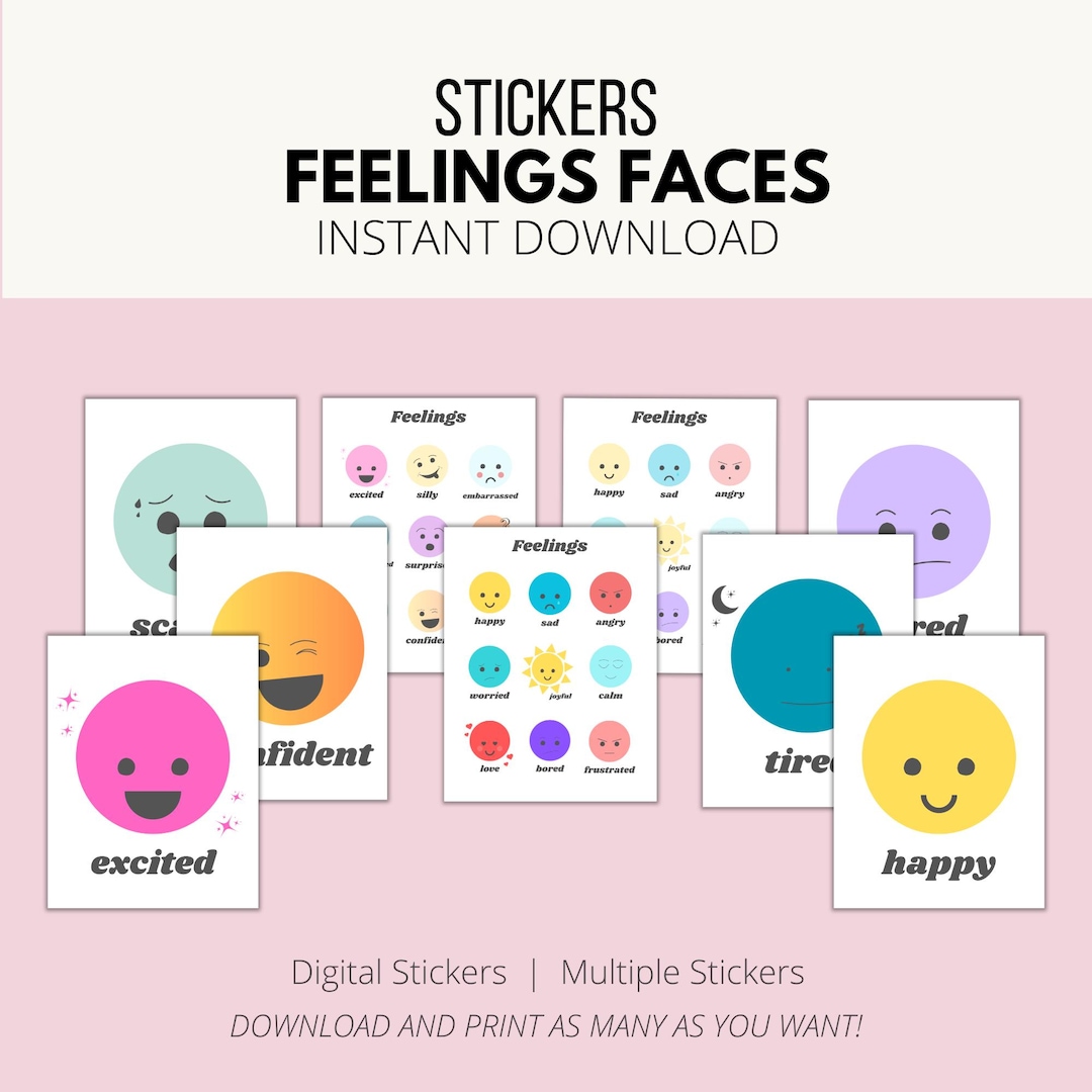 Feelings Faces Digital Stickers, Digital Planner Stickers, Moods ...