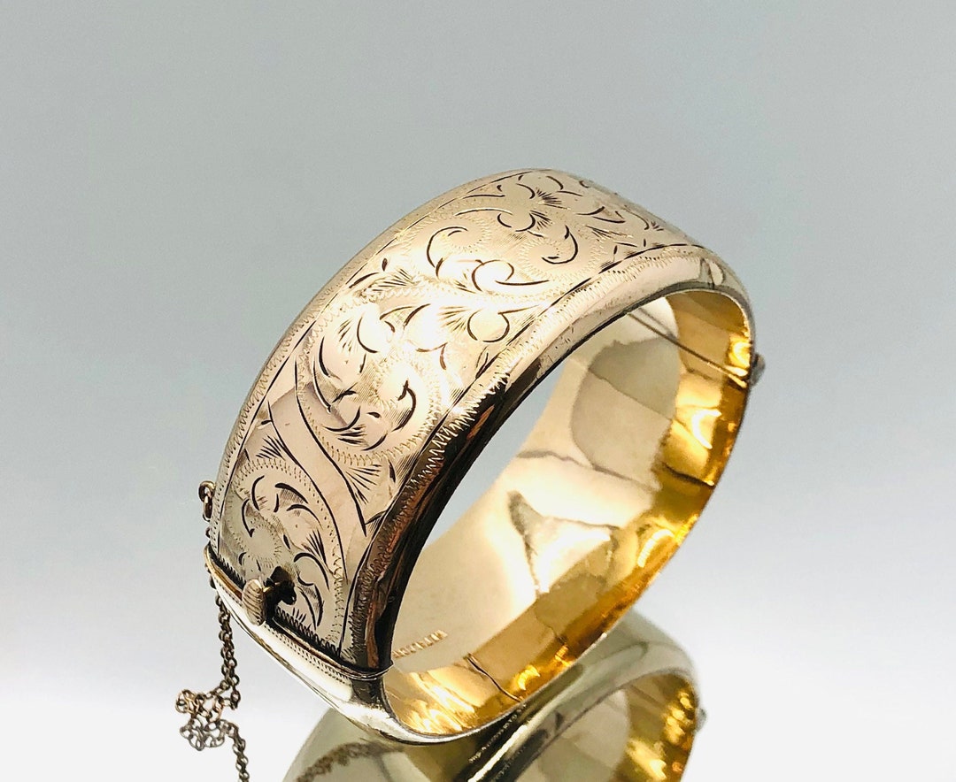 9ct Gold Metal Core / Rolled Gold Half Etched Wide Bangle Vintage - Etsy
