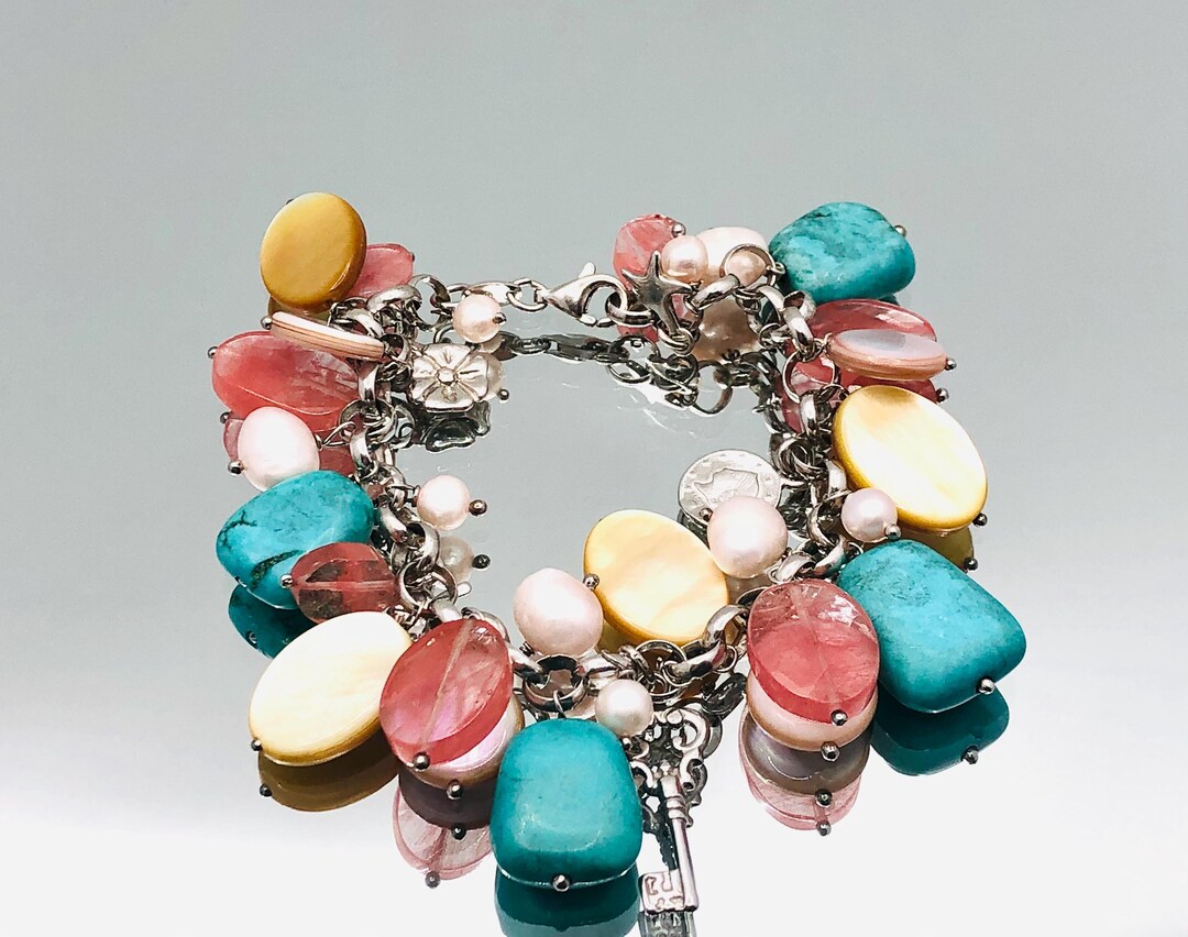Sterling Silver Pearl Quartz Mother of Pearl Tassel Charm Bracelet ...