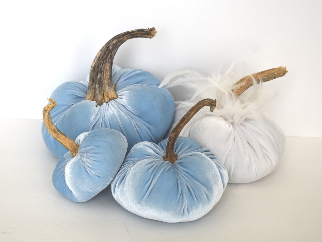 Light Blue Velvet Pumpkin, Velvet Pumpkin With Real Stem, Fall ...
