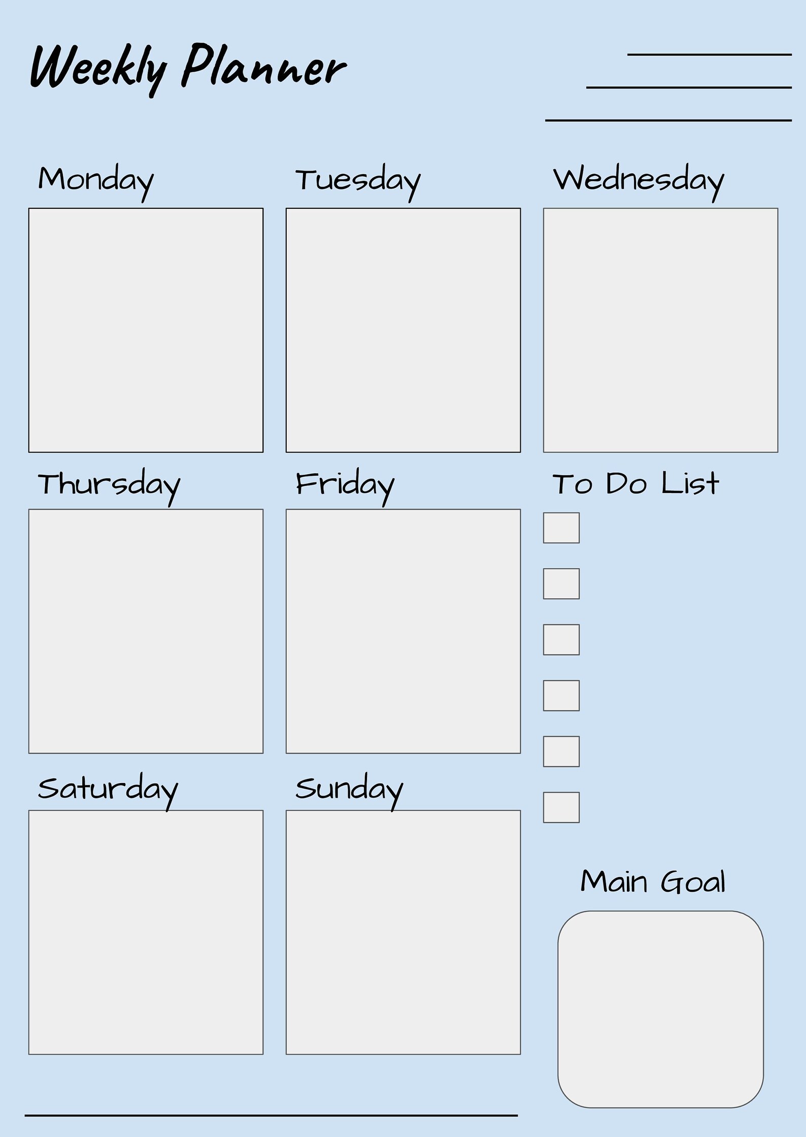 A4 Weekly Planner Includes Days of the Week, to Do List and Main Goal ...