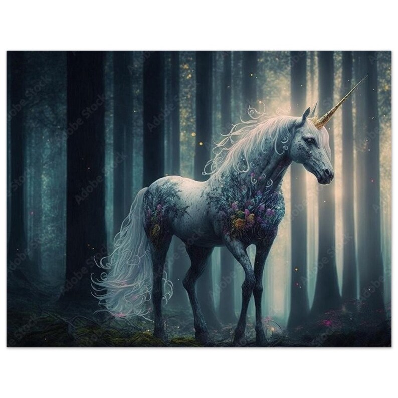Unicorn Poster, Unicorn in Forrest Poster, Fantasy Art Poster, Wall ...