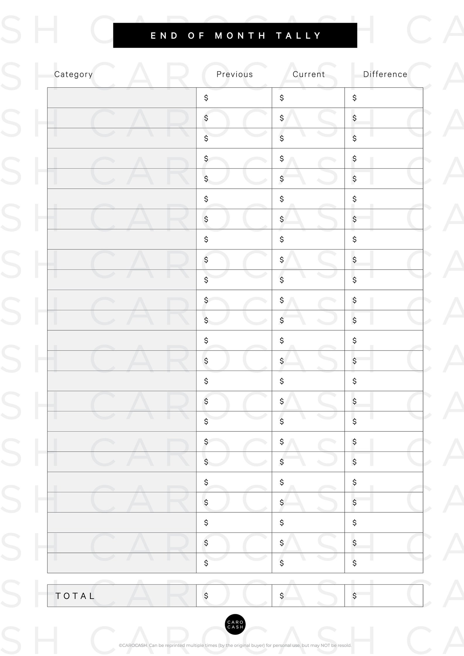 End of Month Tally A4 Sheet Printable PDF Downloadable - Etsy