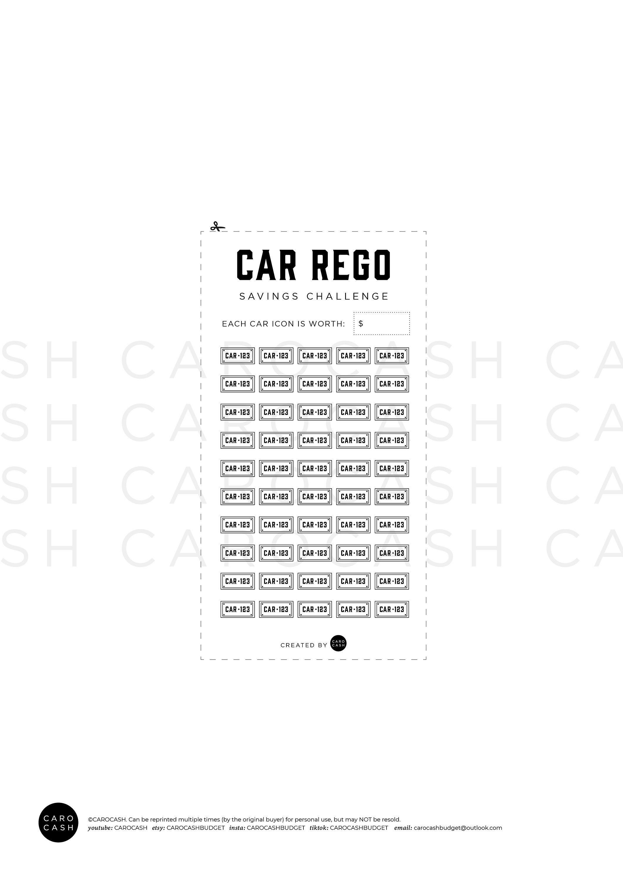 Car Rego Registration Savings Challenge A6 A4 Printable PDF car-rego-registration-savings-challenge-a6-a4-printable-pdf