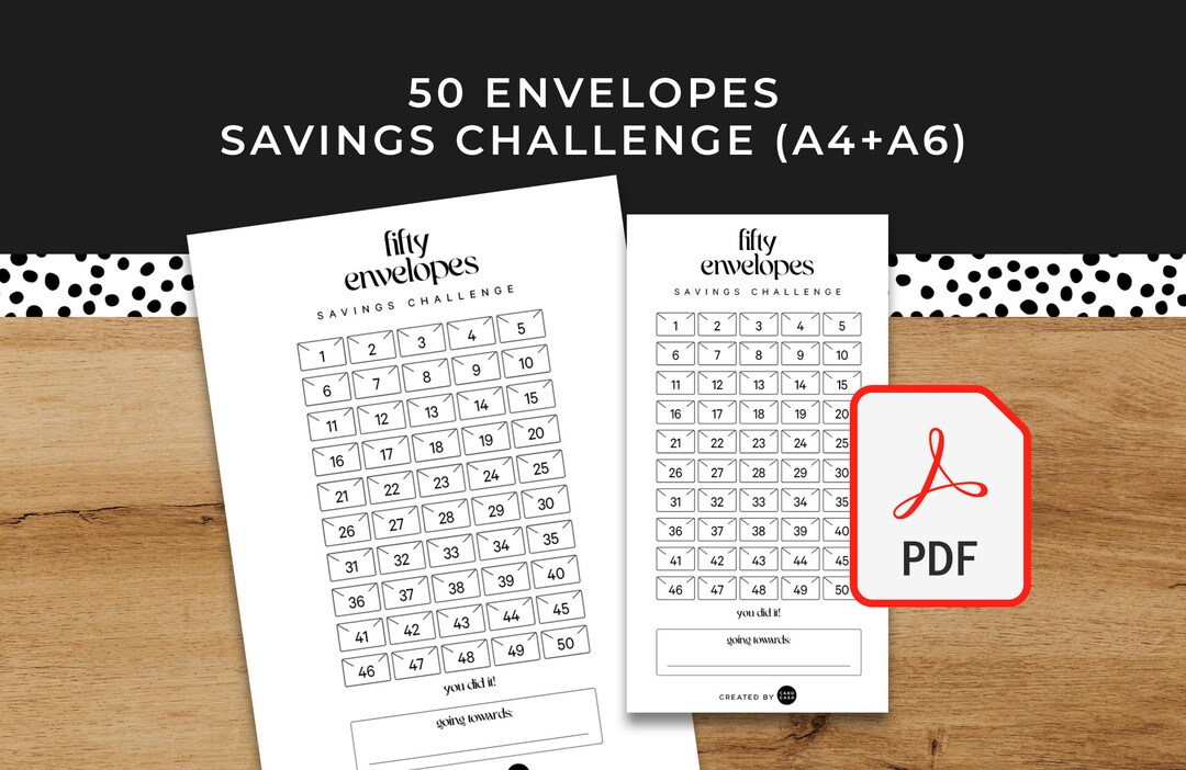 50 Envelopes Savings Challenge - A6 + A4 Printable PDF Downloadable ...