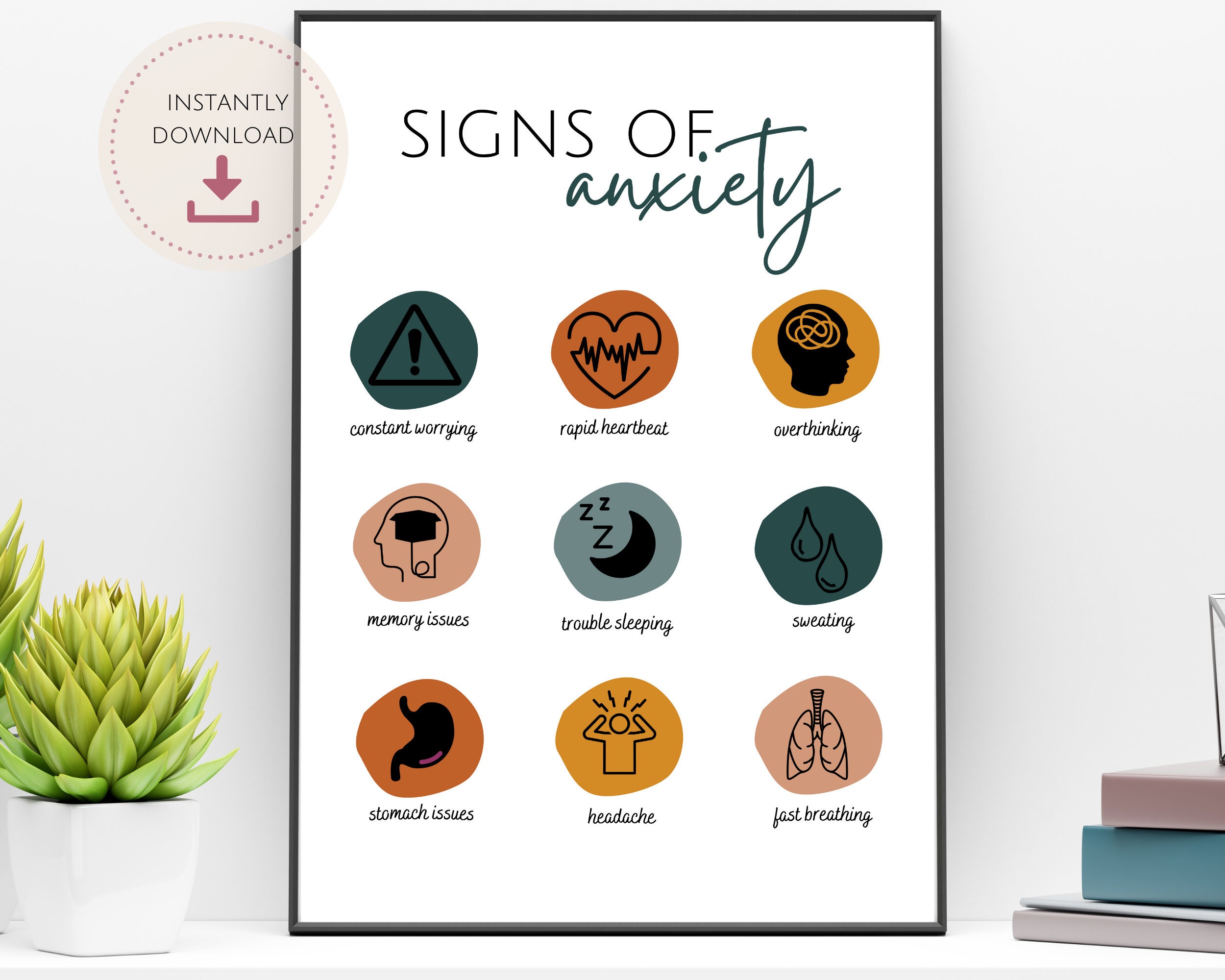 Signs of Anxiety Printable - Self Care Art - Therapist Office - School ...