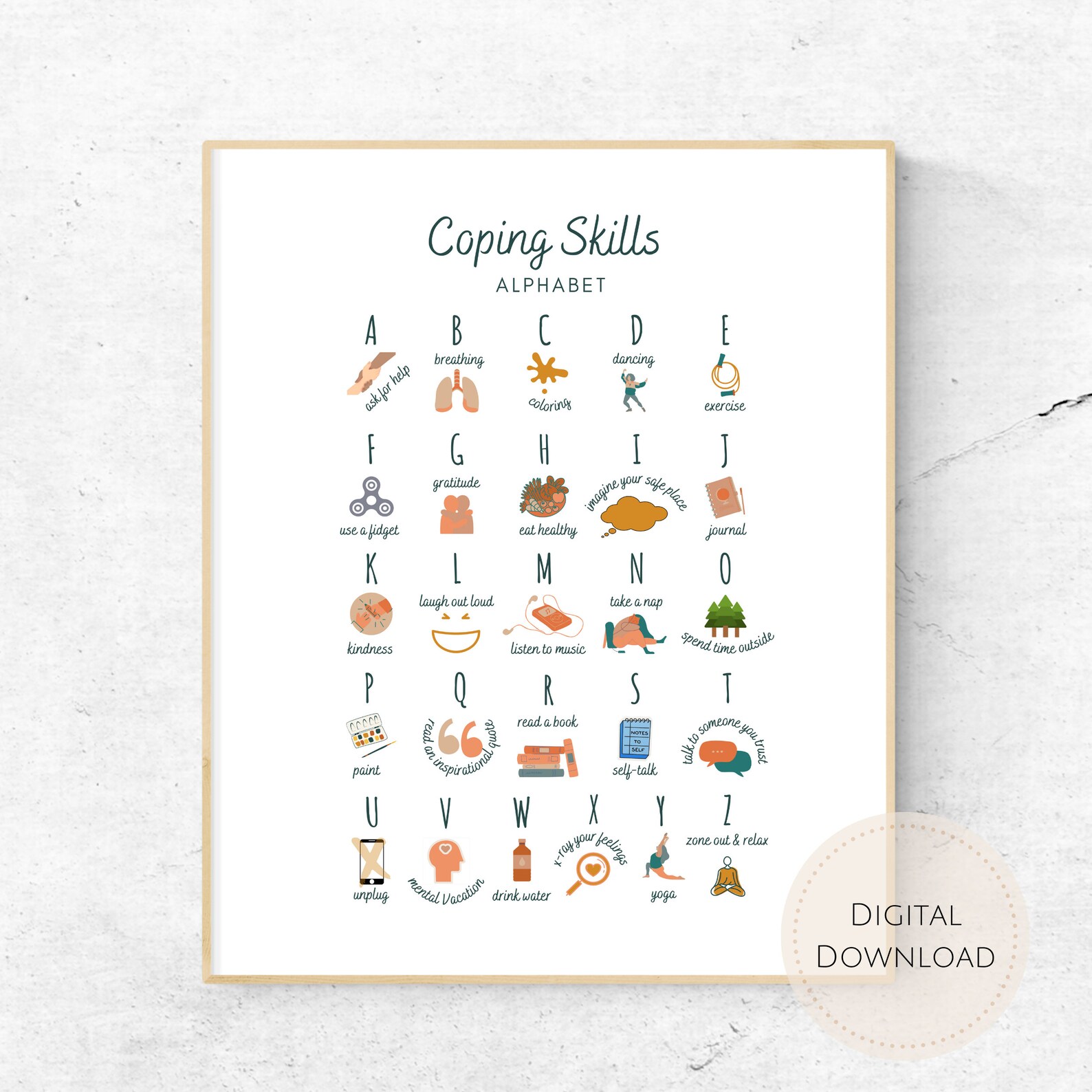 Coping Skills Alphabet Print Self Care Printable - Etsy