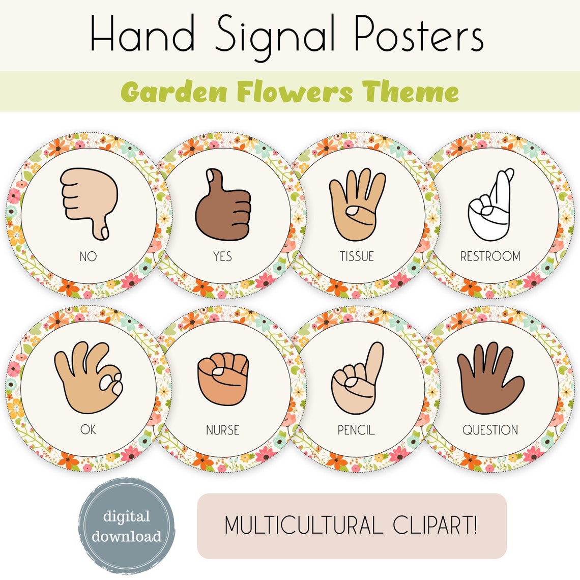 Multicultural Hand Signal Posters Garden Flowers Classroom Management ...