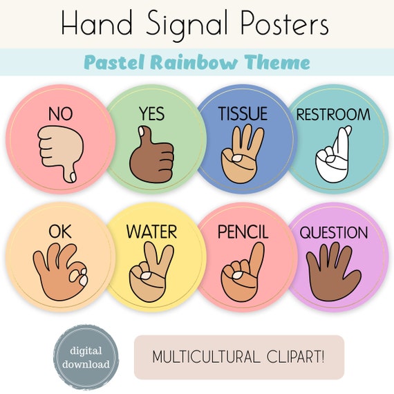 Multicultural Hand Signal Posters Pastel Rainbow Classroom - Etsy Multicultural Hand Signal Posters Pastel Rainbow Classroom - Etsy