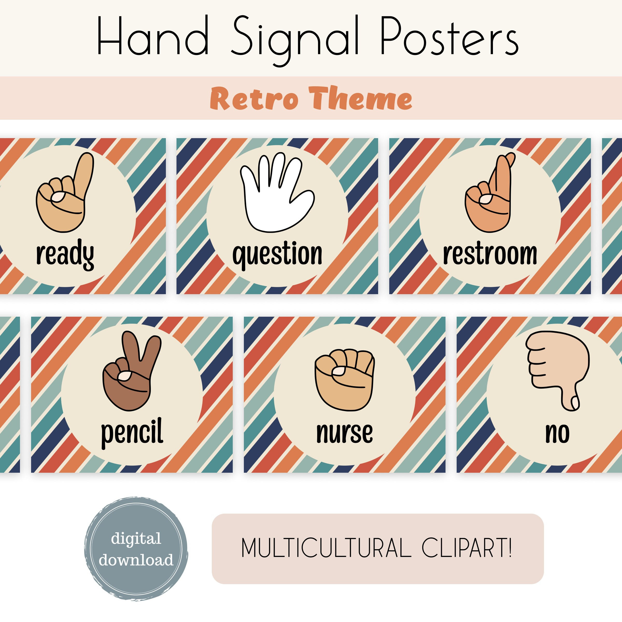Multicultural Hand Signal Posters | Retro | Classroom Management - Etsy
