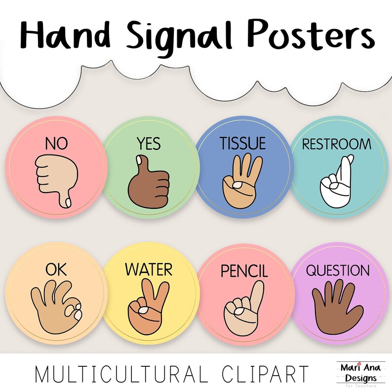 Multicultural Hand Signal Posters Pastel Rainbow Classroom - Etsy